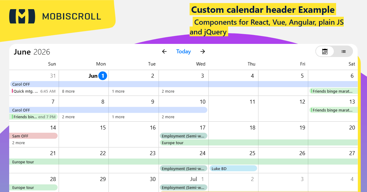 JQuery Event calendar Custom calendar header Example | Mobiscroll