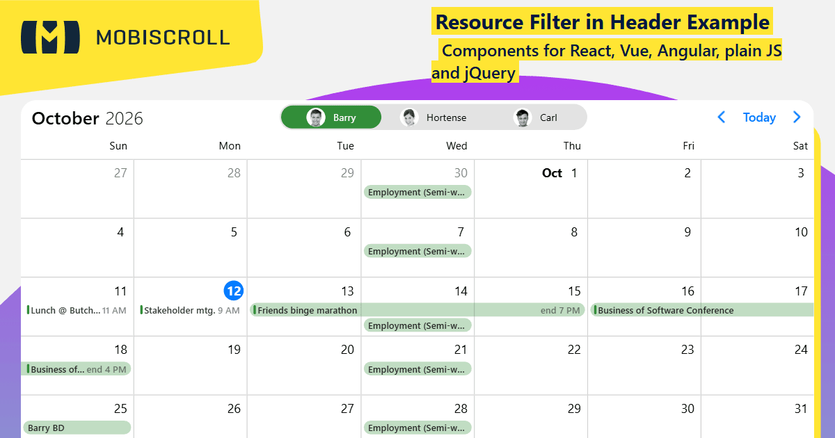 React Event calendar Resource Filter in Header Example | Mobiscroll