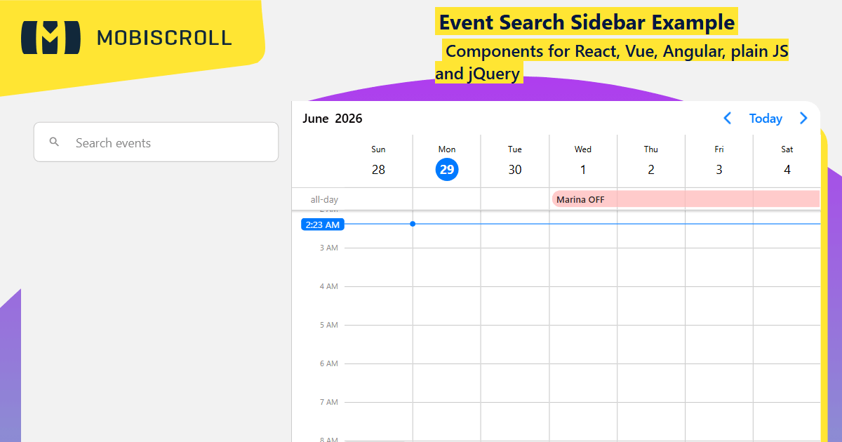 React Scheduler Event search with sidebar Example | Mobiscroll
