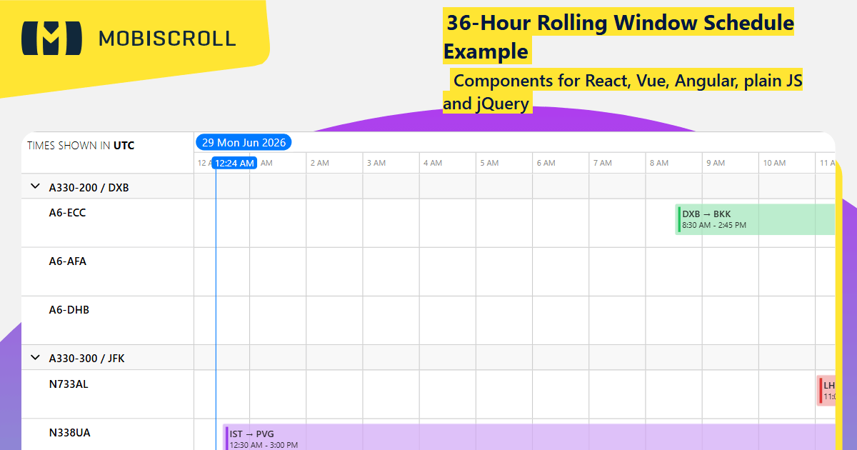 Timeline 36 hour rolling view Example | Mobiscroll